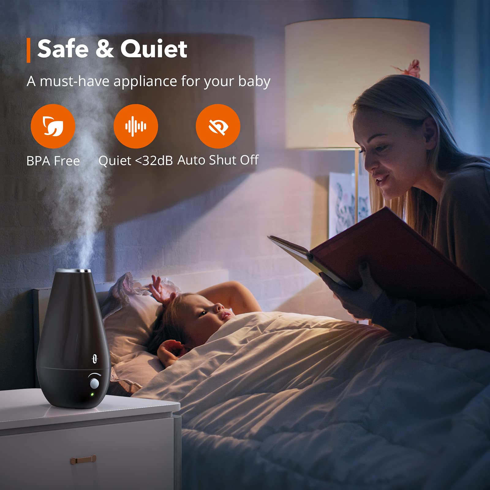 Humidifiers for Bedroom, Ultrasonic Cool Mist Room Humidifier, Auto Shut Off, BPA Free, Whisper Quiet Small Air Humidifier for Bedroom, Office, Desk, Bedside Portable Humidifier