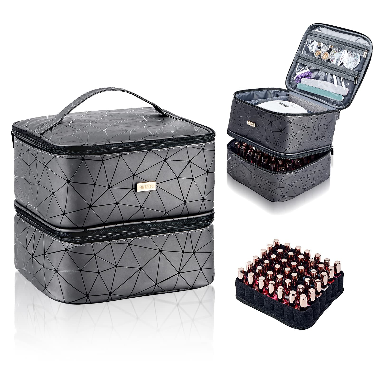 CHAMIN Nail Polish Organizer Case Hold 42 Bottles (15ml) and Nail Lamp, Nail Art Supplies Carrying Case With Detachable Interior, Double Layer Grey