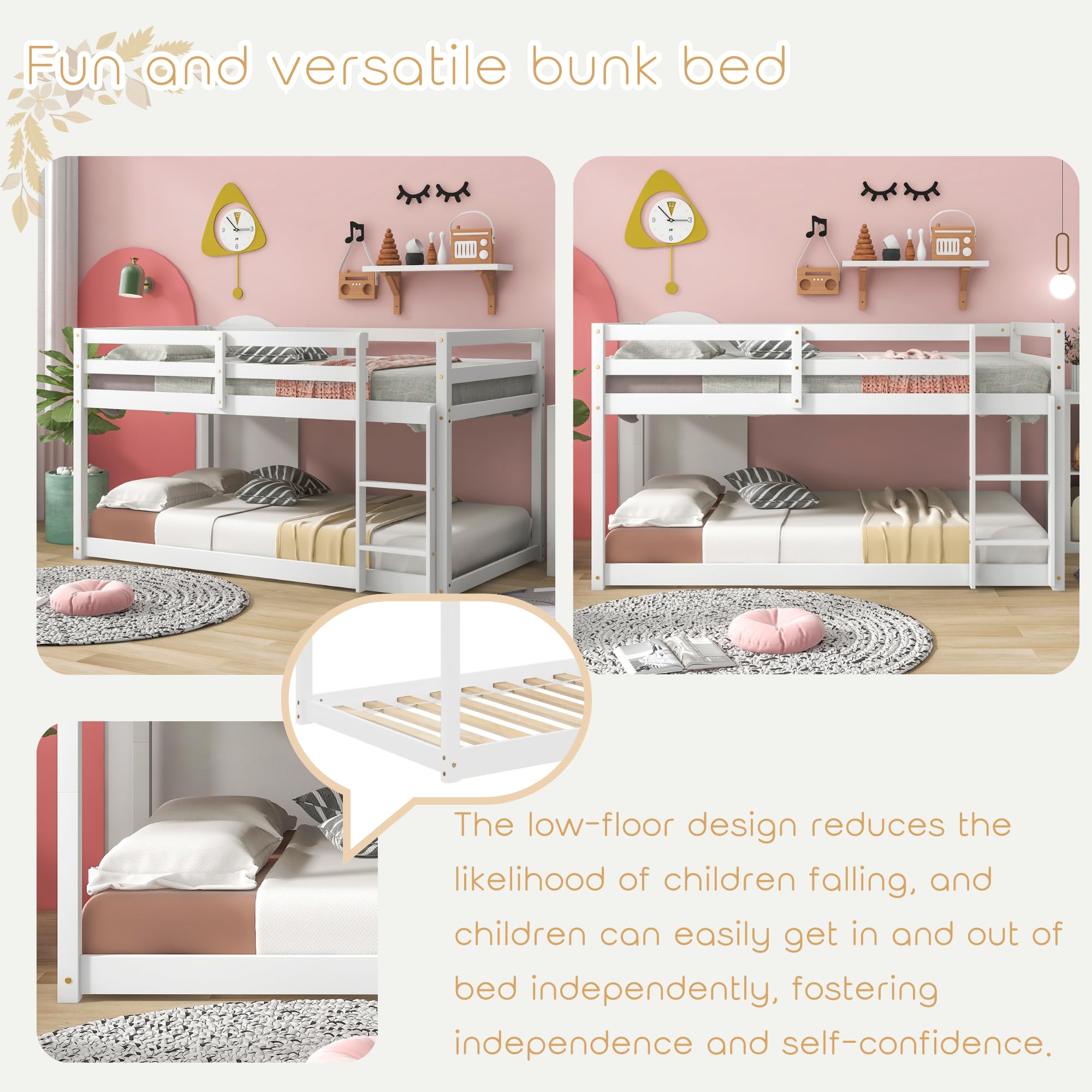 Harper & Bright Designs Low Bunk Beds Twin Over Twin Wood Twin Bunk Bed Frame with Safety Rail Ladder for Kids Bedroom Twin Floor Bunk Bed for Boys Girls Teens, White