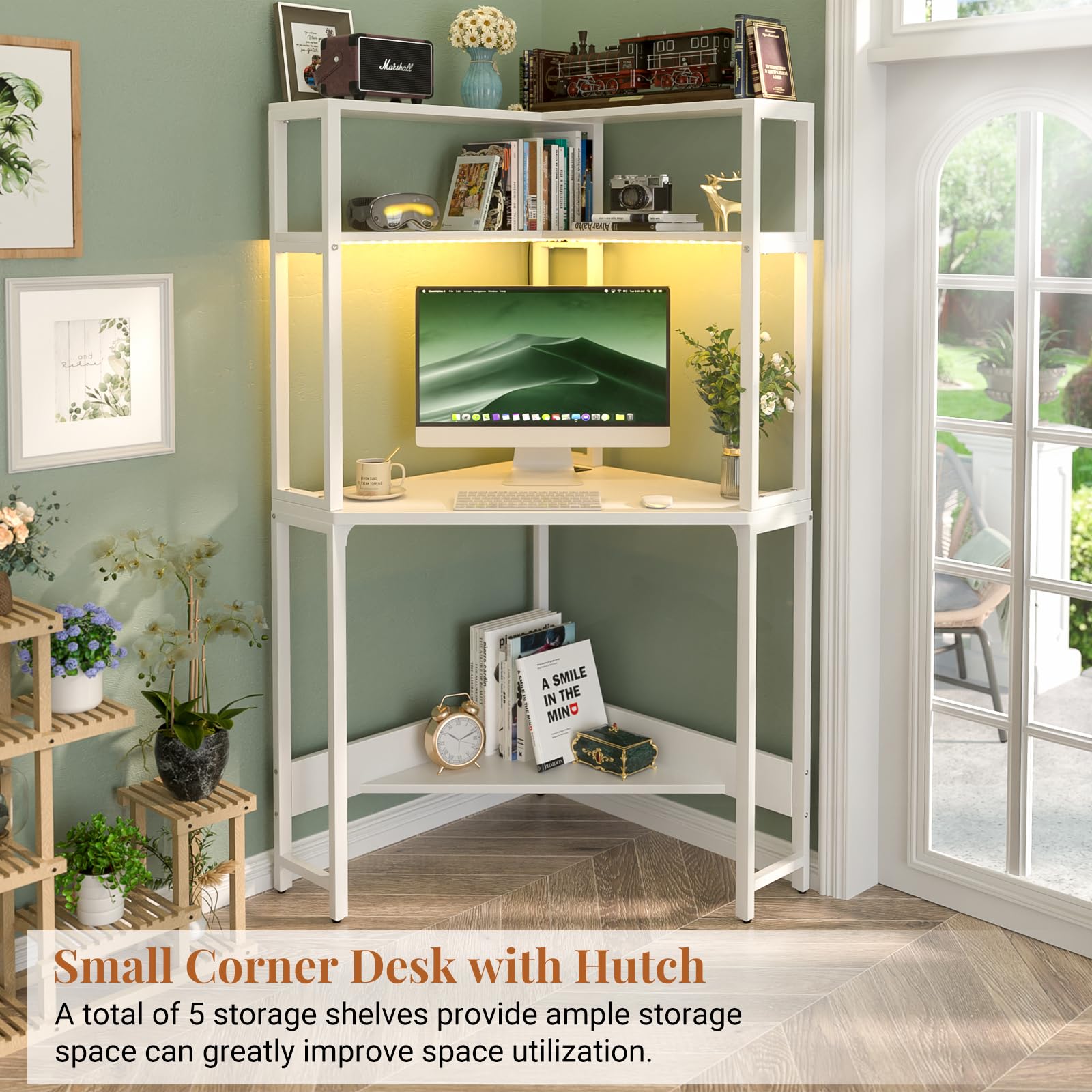 Cyclysio Mini Corner Desk with Hutch, Corner Gaming Desk with LED Light, Corner Computer Desk with Power Outlets, Triangle Corner Desk for Small Space, Home Office, Workstation, White