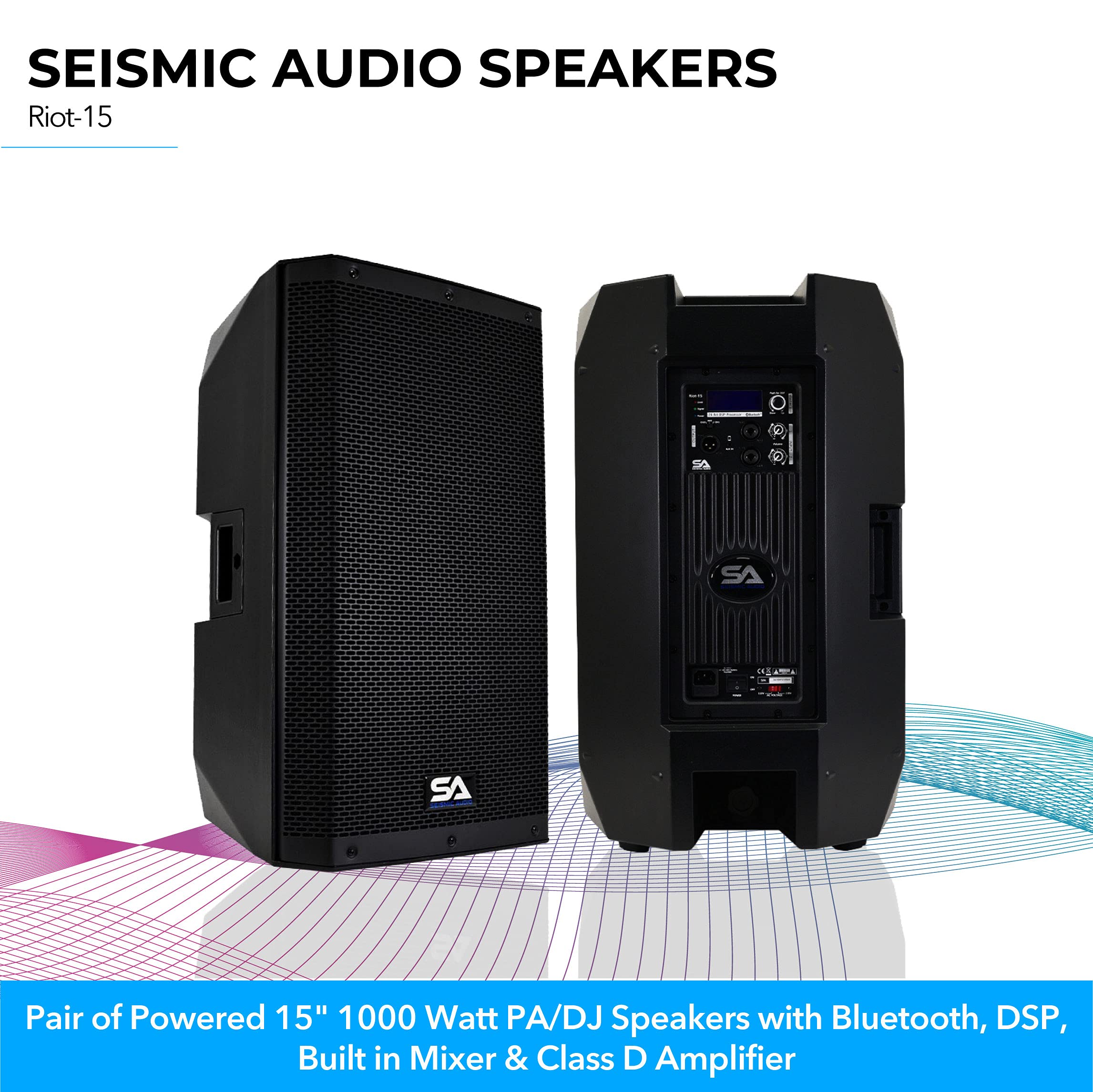 Seismic Audio Speakers Riot-15, Pair of Powered 1000 Watt PA/DJ Speaker with Bluetooth, 15 Inch Speaker, DSP, Built in Mixer & Class D Amplifier