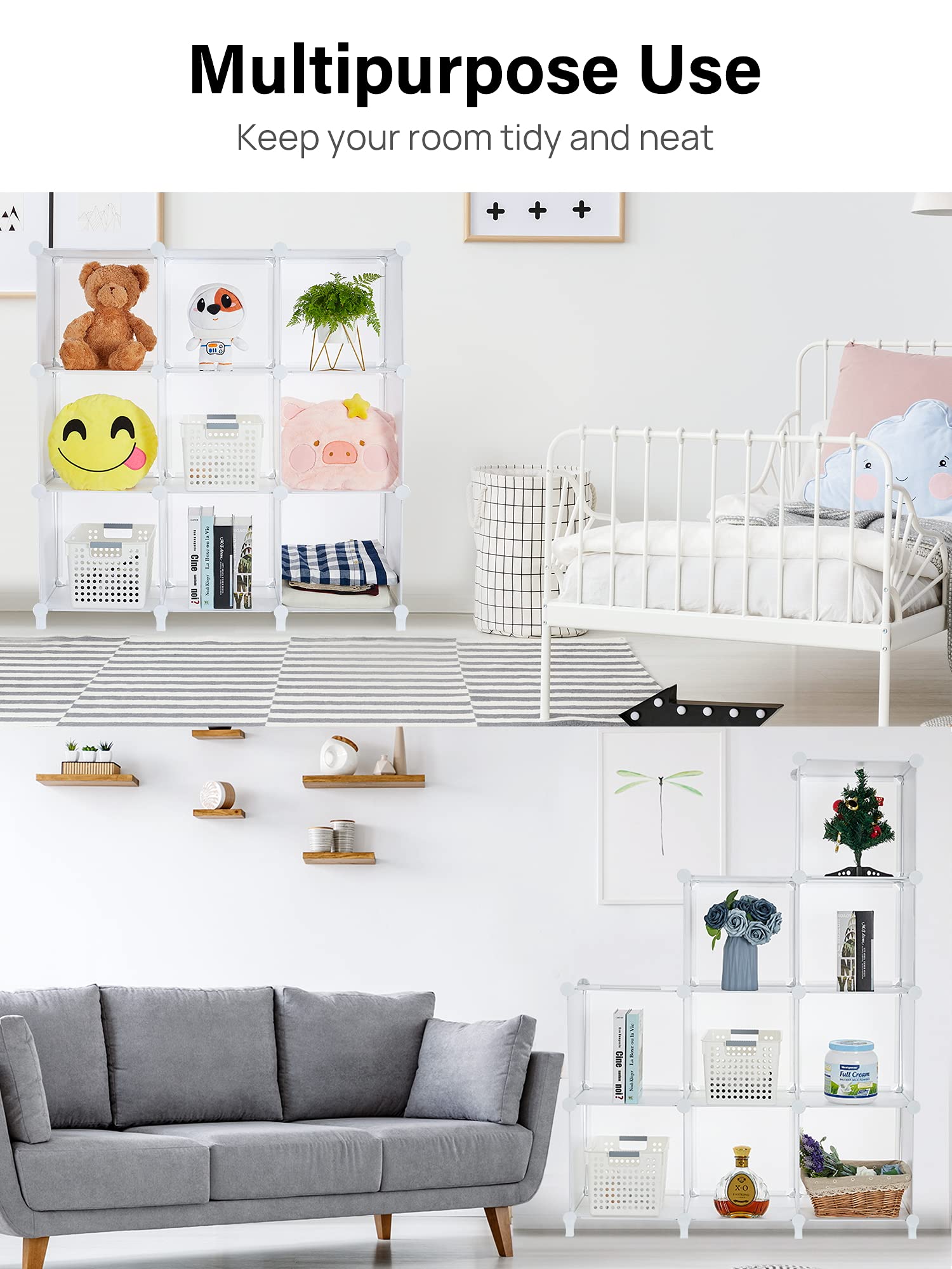 Kootek Cube Storage Organizer 9-Cube Modular Bookshelf DIY Plastic Clothes Shelves Closet Organizer Bins Square Storage Box with Hammer for Living Room Bedroom Office, White