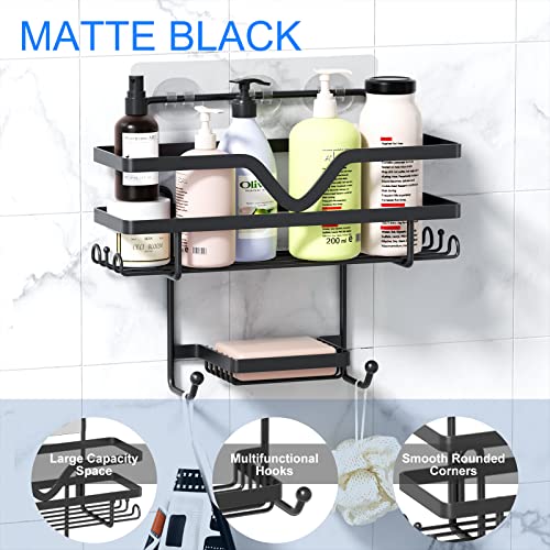 Gaseawolf Adhesive Shower Caddy, 2 Pack Shower Shelf with Soap Holder and Hooks, No Drilling Matte Black Bathroom Shower Organizer for Bathroom, Restroom, Shower Room, Toilet, Kitchen