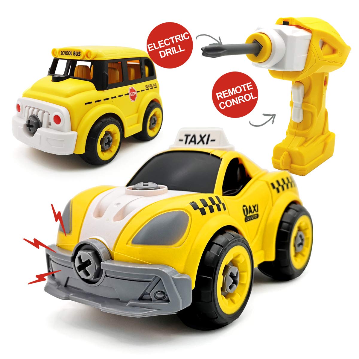 QUN FENG Take Apart Toys with Electric Drill|Remote Control Car 2 in 1 Construction Truck School Bus Taxi|Gift Toys for Boys 3,4,5,6,7 Year Olds|2.4G Stem Building Learning Toys