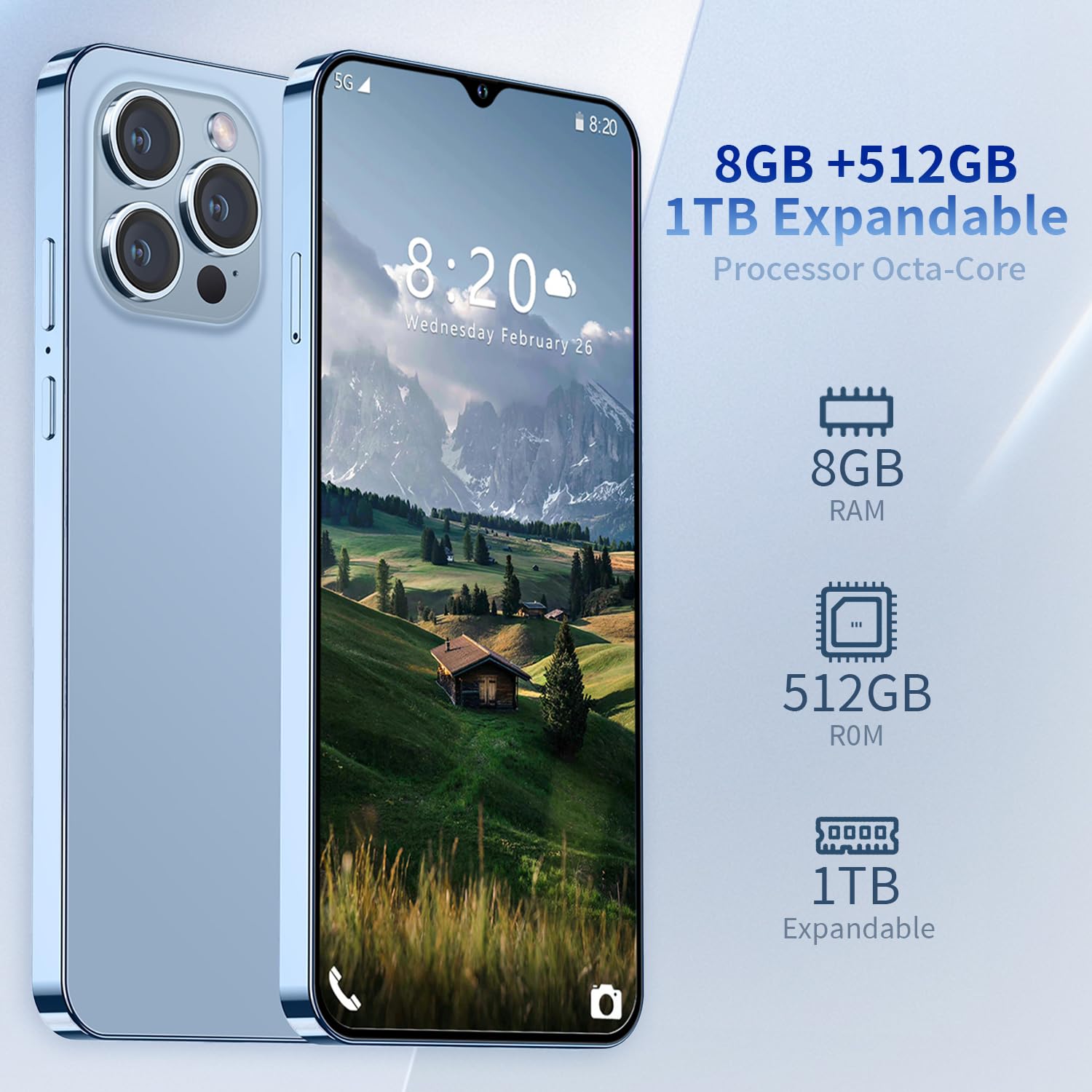 BLACKCYBER i14Ultra Max Unlocked 5G Cellphone Android Smartphone Mobile Phone, 8GB RAM, 512GB ROM, 1TB Expandable, 6.8 "FHD Screen 6000mAh Battery, 48+13MP Camera, Dual Sim Card (White)
