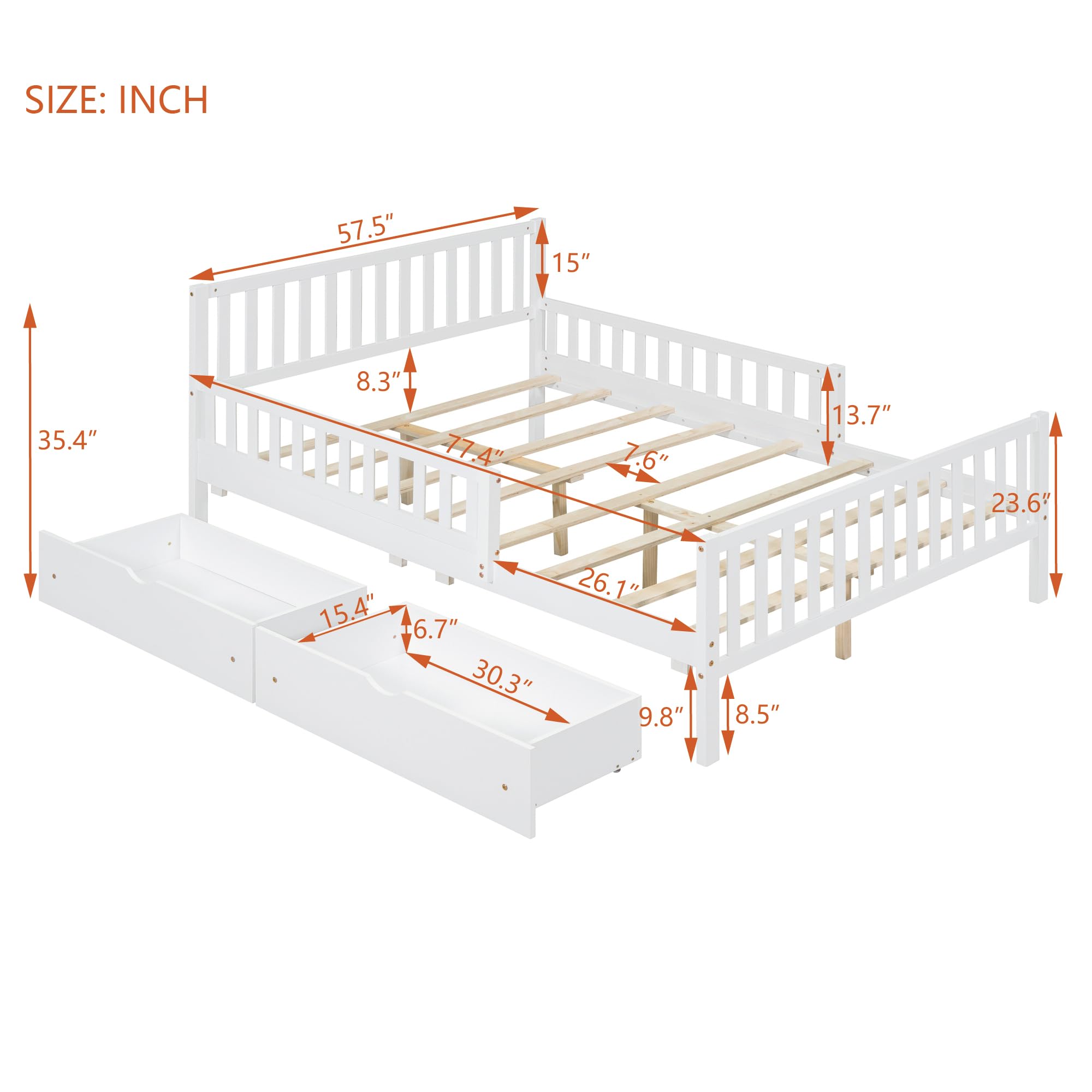 Full Bed Frame with Storage Drawers and Fence Rails, Wood Platform Beds with Headboard and Slat Support for Kids Boys Girls Teens, No Box Spring Needed, Full Size, White