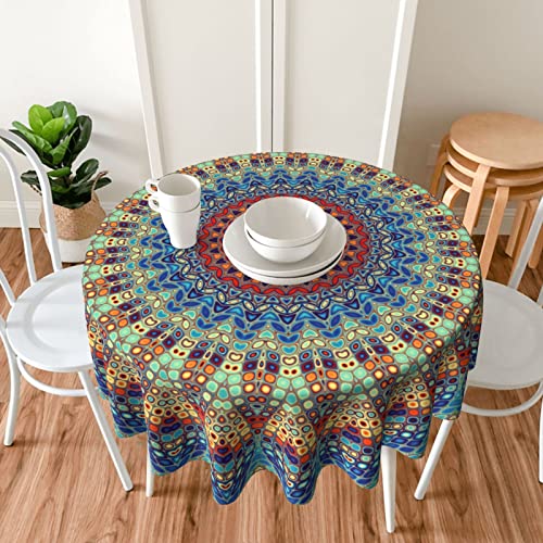 Round Tablecloth 60 Inch,Stain Resistance Polyester Table Cloth,Table Cover for Kitchen Dining Table, Buffet Parties and Camping-Mandala