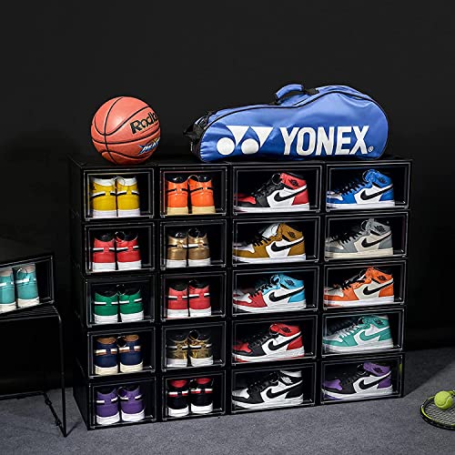 MUKIRAN HOME 12 Pack Shoe Storage Boxes, Shoe Box Clear Plastic Stackable, Drawer Type Front Opening Shoe Holder Containers (Black)