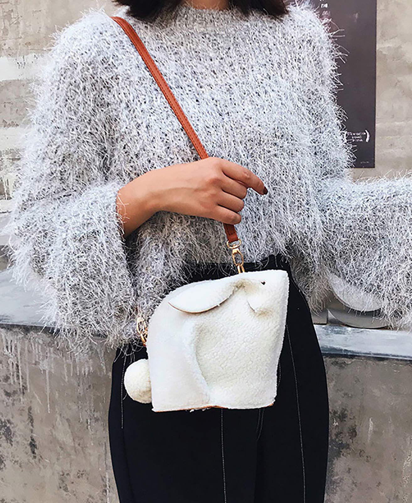 QZUnique Rabbit Shape Handbag Women's Lovely Plush Toy Crossbody Bag Rope Strap Shoulder Bag