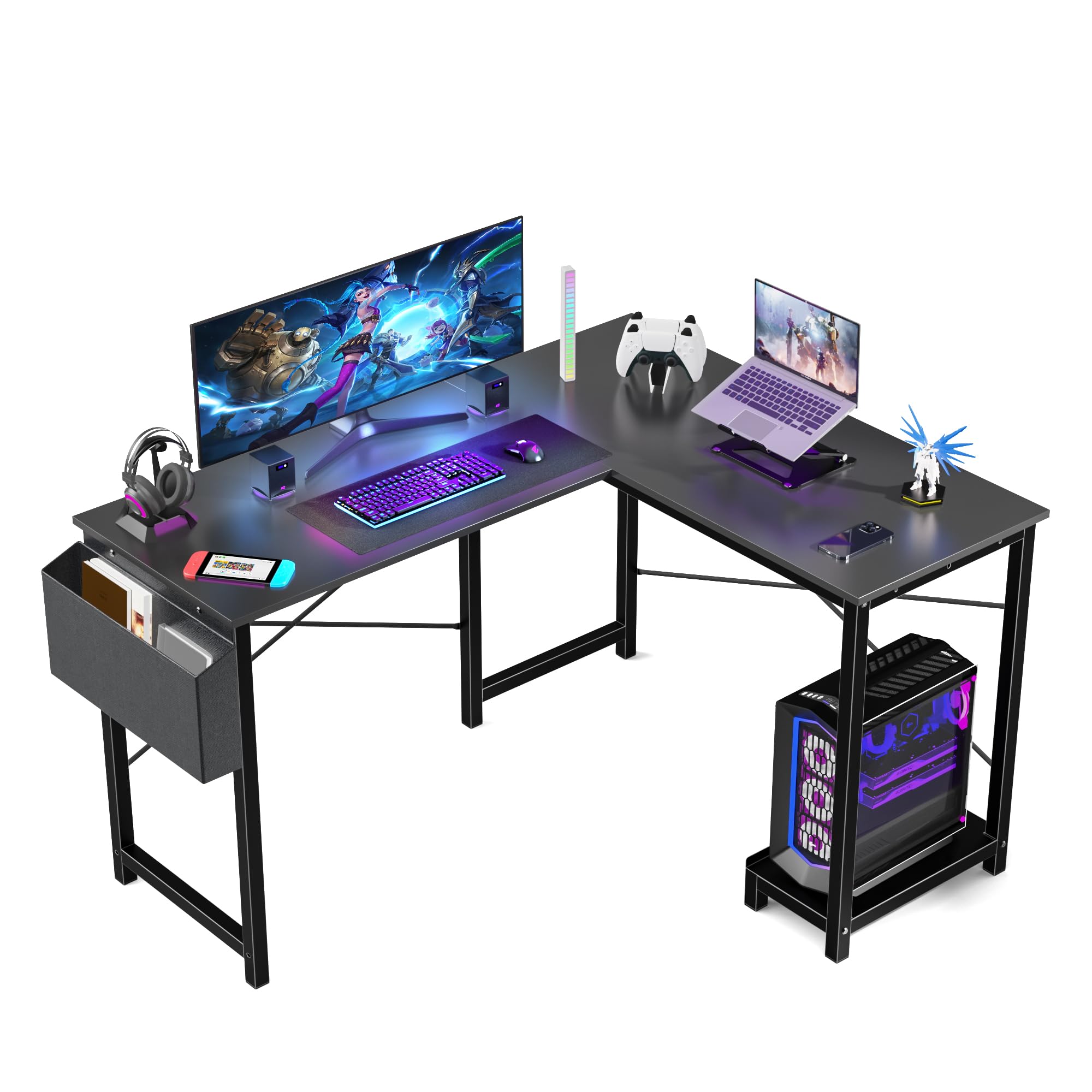 DUMOS L Shaped Computer Desk PC Gaming Table with Side Storage Bag for Home Office Small Spaces, 50 Inch, Black