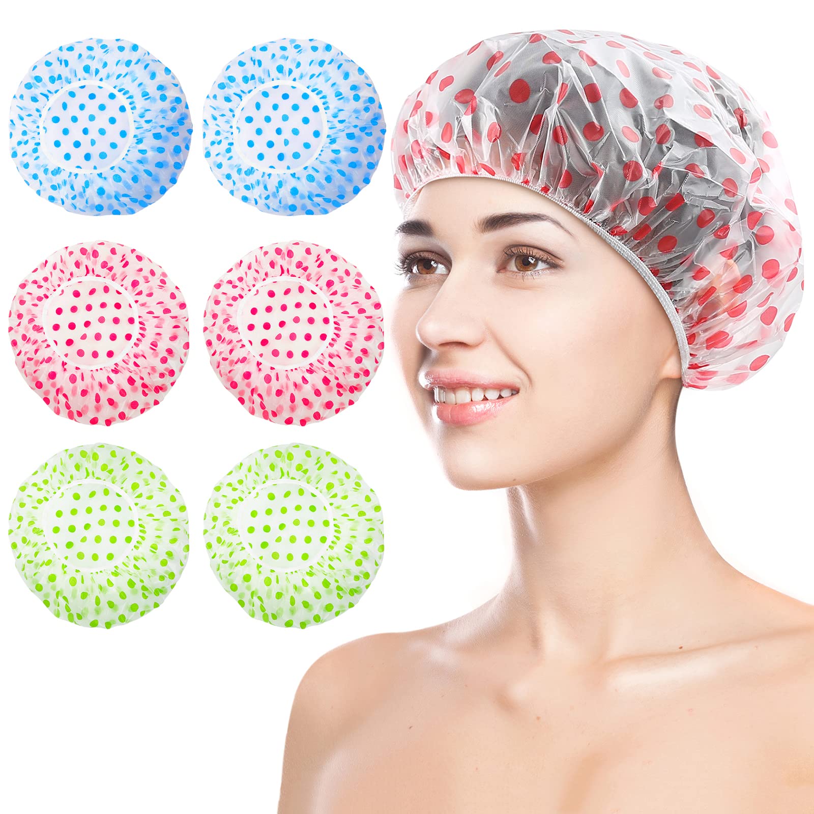 D Shower Caps for Women Reusable Waterproof, Plastic Bath Hair Cap, Elastic Band Shower Hat for Ladies Kids Spa Salon, 6 PC