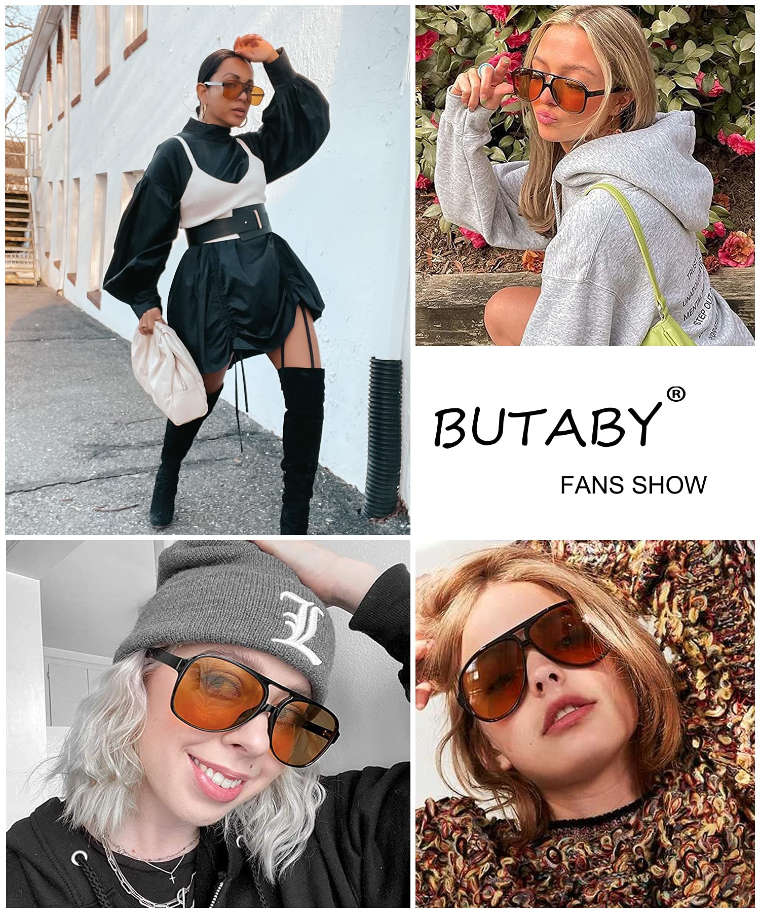 BUTABY Vintage Aviator Sunglasses for Women Men Retro 70s Glasses Classic Large Squared Frame UV400 Protection Black Yellow & Black Brown