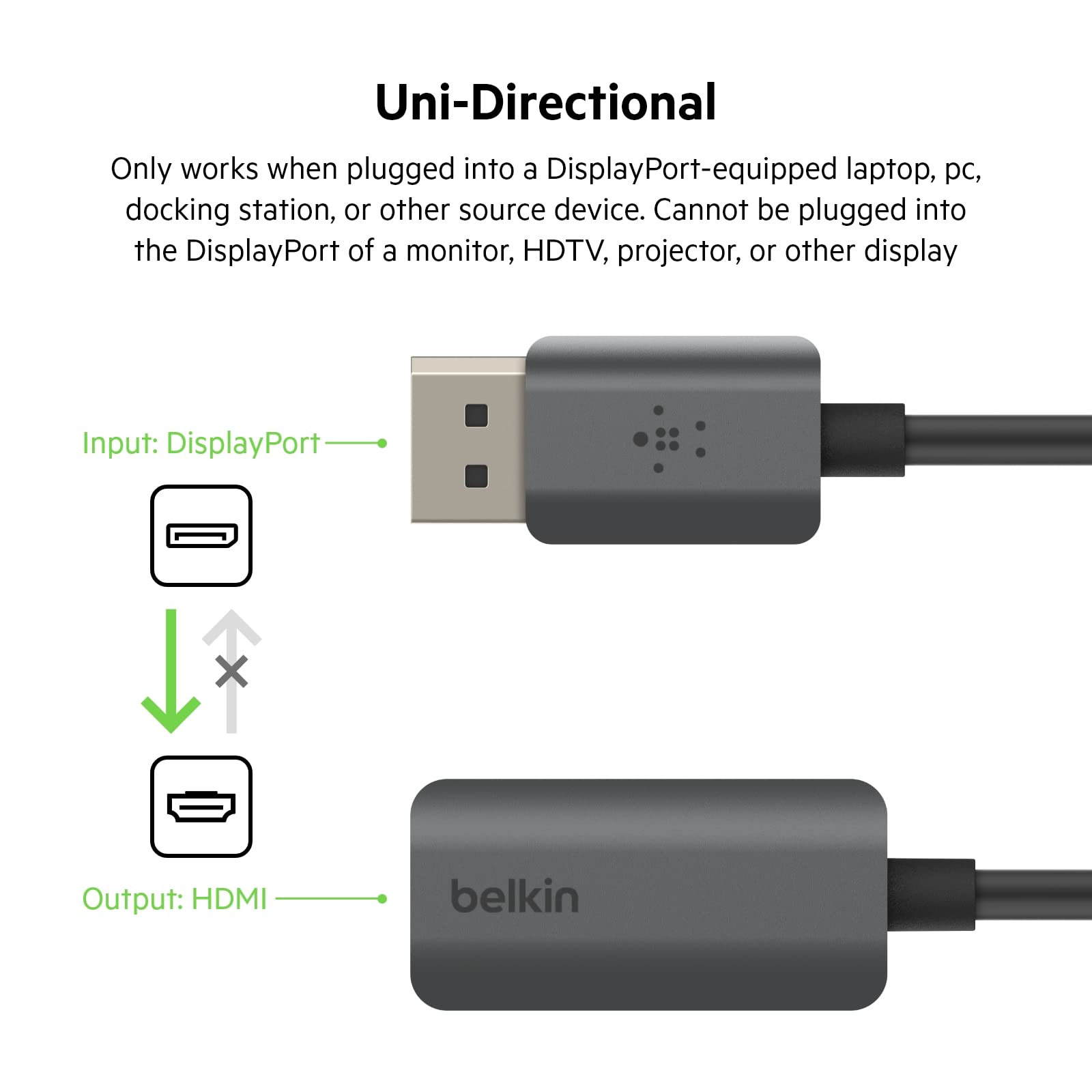 Belkin HDMI to DisplayPort Adapter, DisplayPort 1.2 to HDMI 2.0 Converter - Compatible with 4K 60fps, HDR & HDR10 Monitors, Projectors, and HDTVs - Uni-Directional DisplayPort to HDMI Adapter Cable