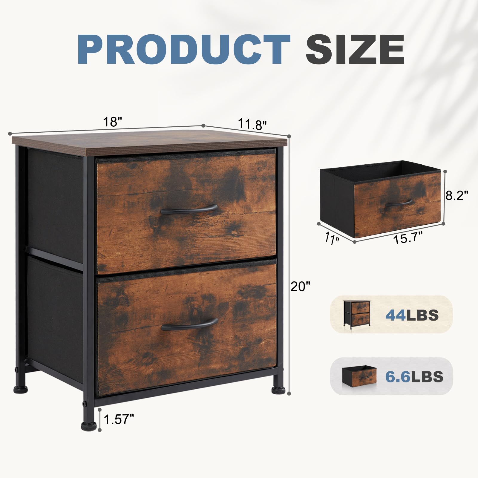 DUMOS Nightstand Small Dresser with 2 Fabric Drawers Side Bedroom End Table Kids Bedside Storage Furniture for 20 inch Tall Night Stand for Closet, Entryway, College Dorm, Rustic Brown, Medium