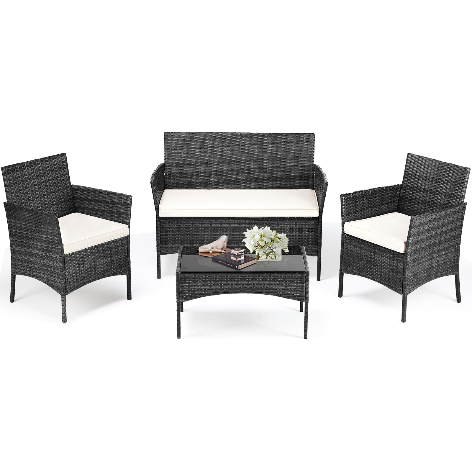 DUMOS Patio Furniture Set 4 Pieces, Outdoor Wicker Furniture with Coffee Table, Modern Rattan Patio Chairs Conversation Sets with Sofa for Garden, Terrace, Porch, Balconies, Lawns (Black and Beige)