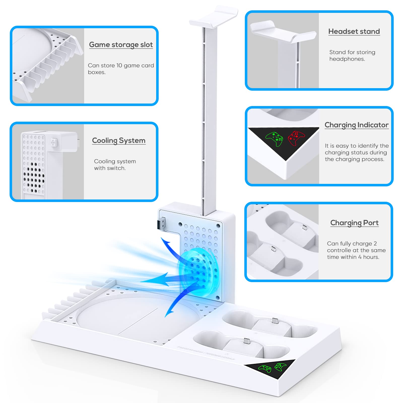 YUANHOT Vertical Cooling Stand Compatible with Xbox Series X, Charging Station Dock with 1400mAh Rechargeable Battery Pack and Dual Controller Charger Ports (NOT Compatible with Xbox One X/S), White