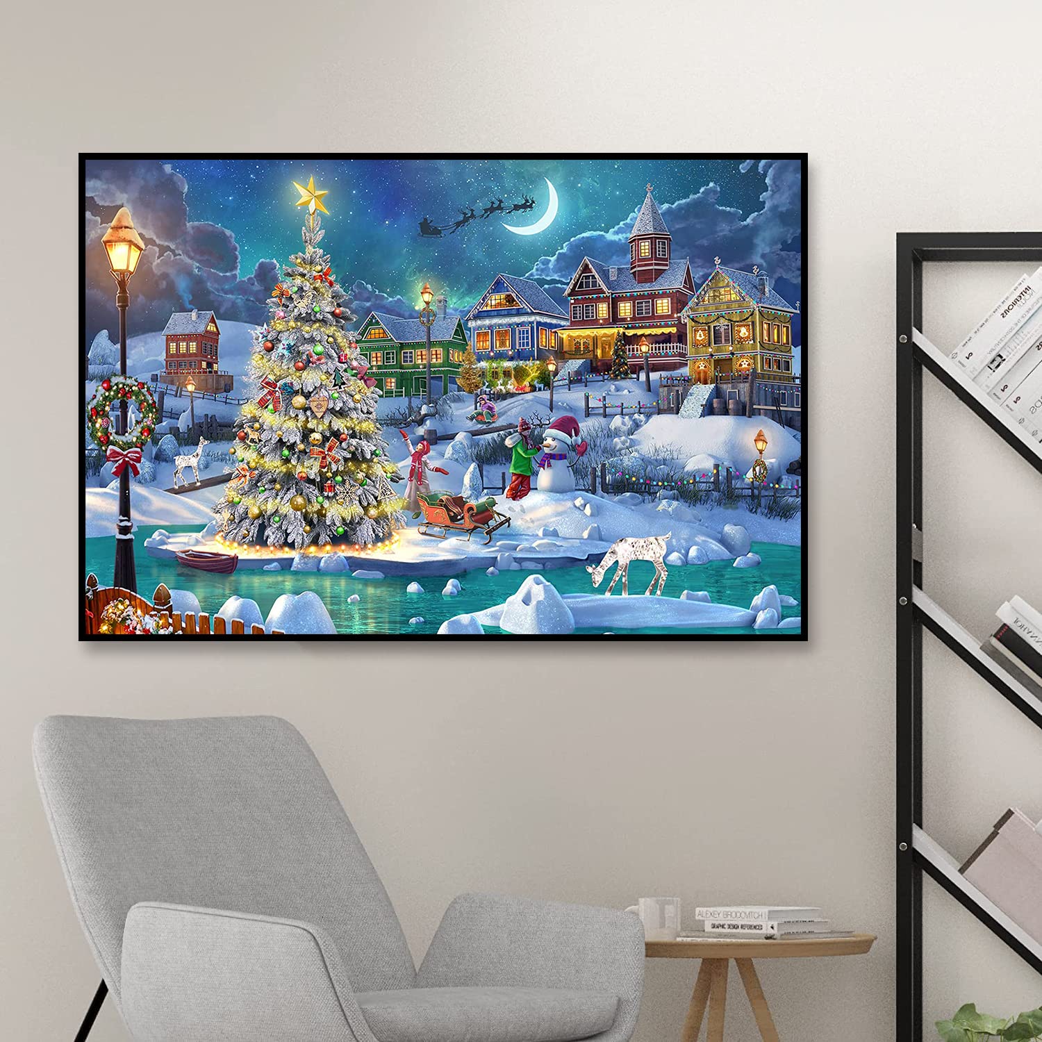 GESOON Christmas Night , DIY 5D Diamond Painting Kits for Adults Full Drill, Christmas Tree with Moon Well Decor 28x16 inch