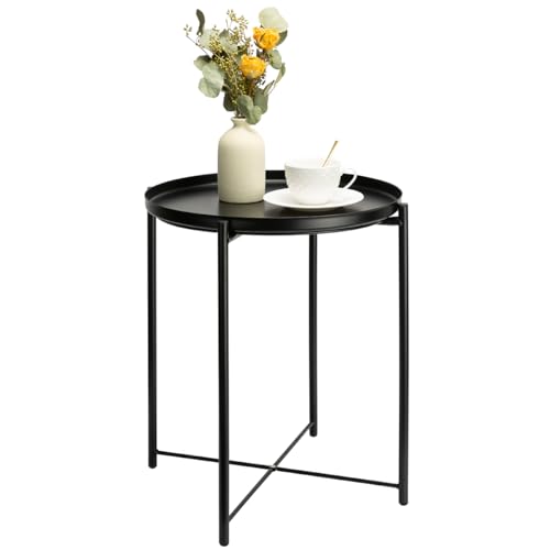 danpinera Metal Side Table, Black Side Table for Small Spaces Outdoor Patio Side Table Round Metal Coffee Table Waterproof Removable Tray Table for Living Room Bedroom Balcony Office Black, Set of 2