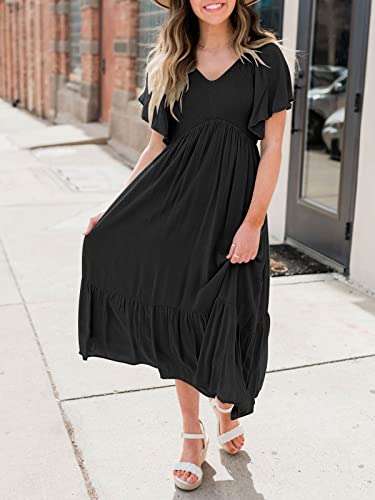 LILLUSORY Black Maxi Dresses for Women Summer Long Trendy Casual Flowy Funeral Short Flutter Sleeve Dress with Pockets