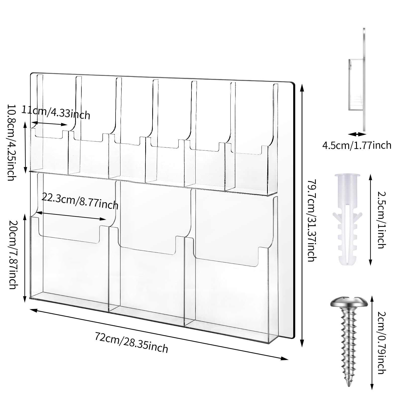 Barydat Acrylic Brochure Holder Wall Mount Plastic Magazine Display Clear Literature Rack Acrylic Pamphlet Holder Wall Mount Flyer Brochure Organizer, 3 Magazine Pockets, 6 Pamphlet Pockets
