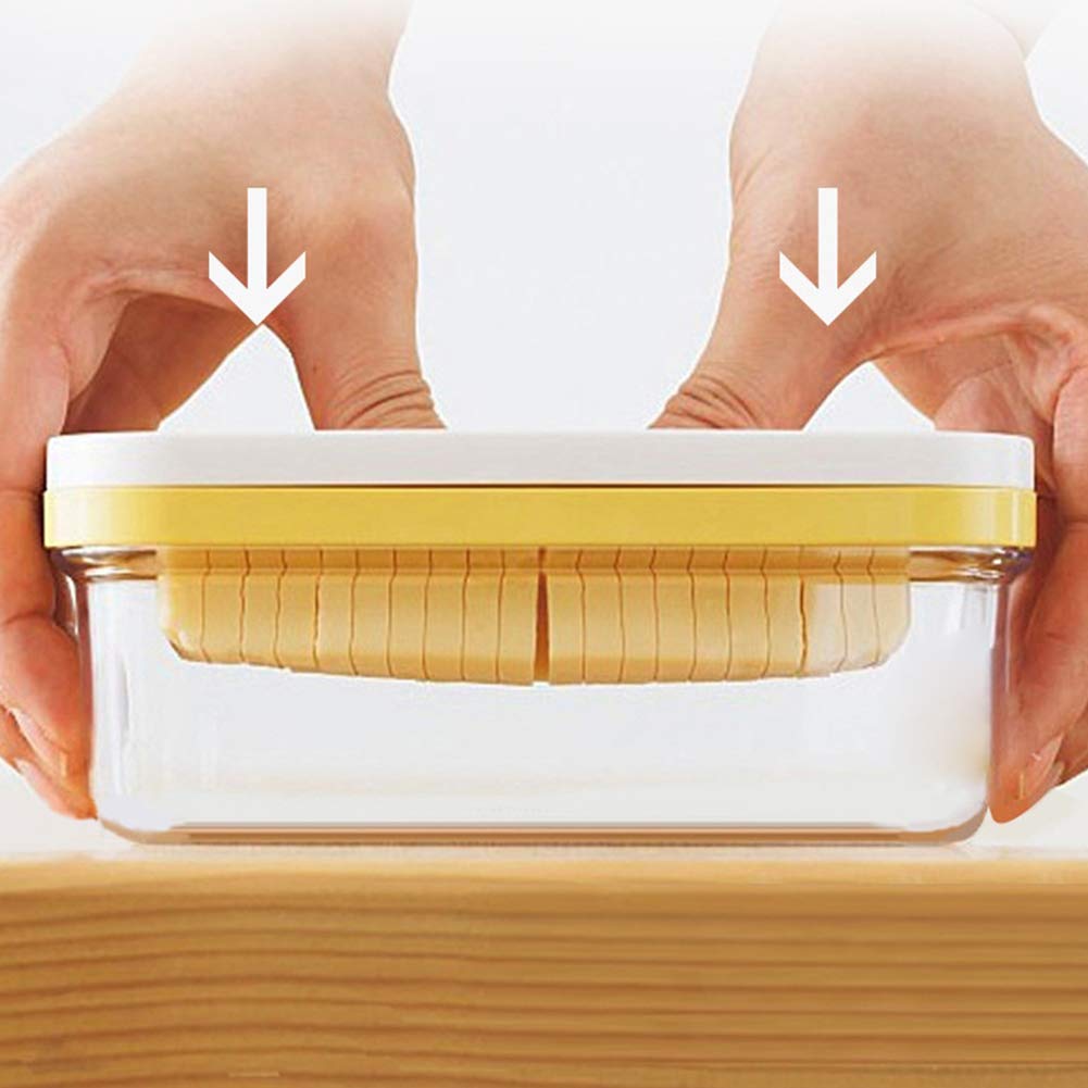 Butter Dish with Lid Rectangle Butter Keeper with Cutter Slicer for Easy Cutting and Storage, Butter Box for Refrigerate Butter Container Butter Case(White + Yellow)