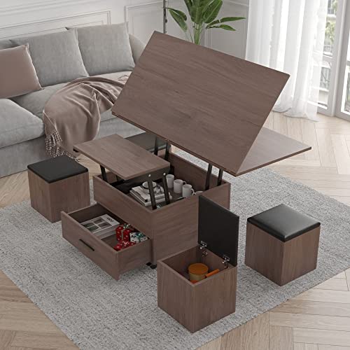 Multifunctional Folding Dining Table Set Lift Top Coffee Table with 4 Storage Ottoman Extendable for 8, Fully Assembled Space Saving Table for Compact Living Space, 47 in, White Oak