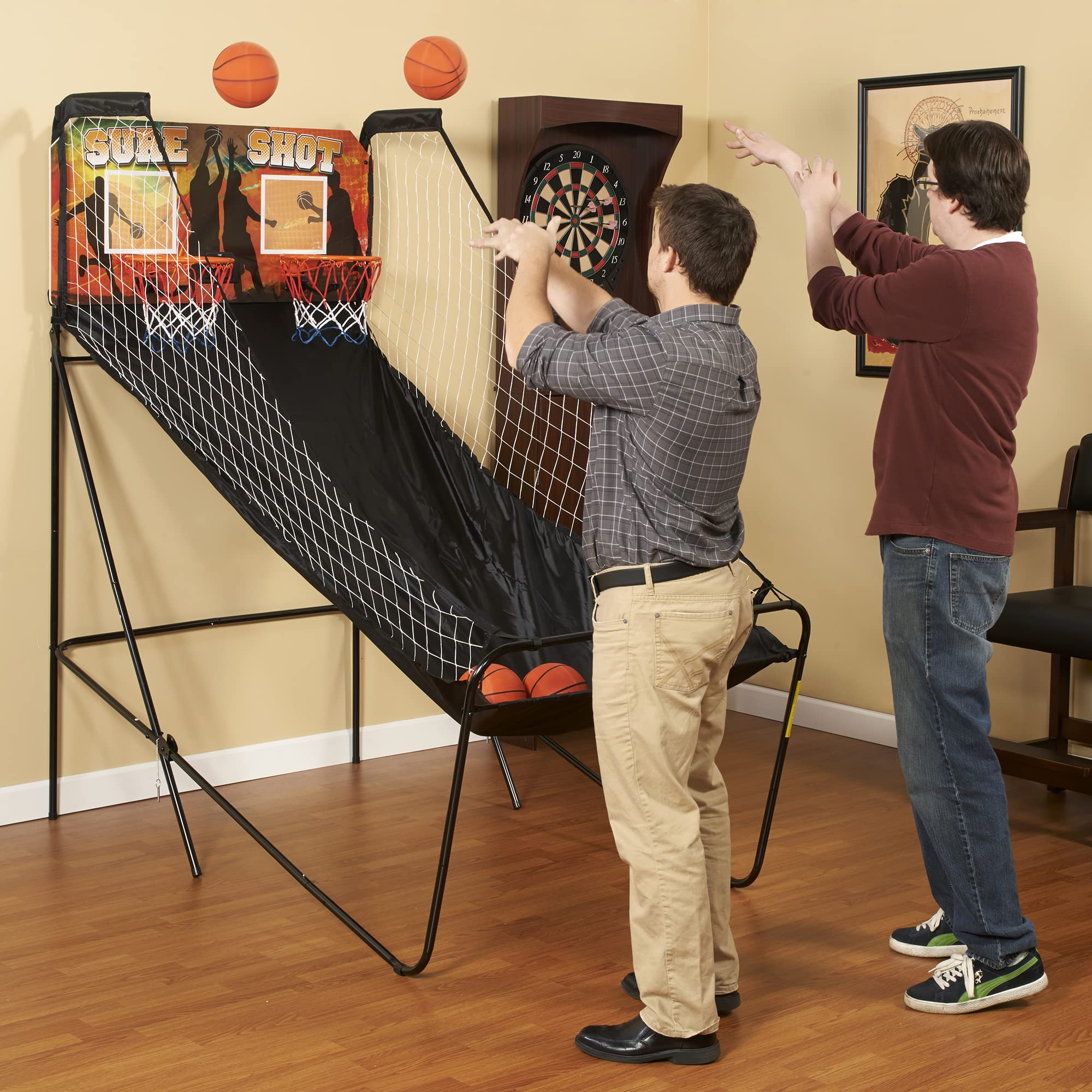 Hathaway Sure Shot 81-in Dual Basketball Arcade Game for Room - with LED Scoring, Foldable Indoor Basketball Game Design, Steel Frame, 8 Game Modes, 4 Balls, Pump & Dual Hoops - Orange/Black Finish