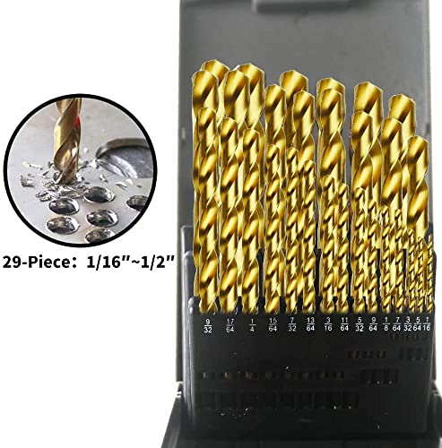 Monster & Master Titanium-Plated Drill Bit Set, High-Speed Steel Gold Drill Bits with 135-Degree Bifurcated Tip, 1/16"to 1/2", Long Twisted Metal Jobber Bit, 29-Piece
