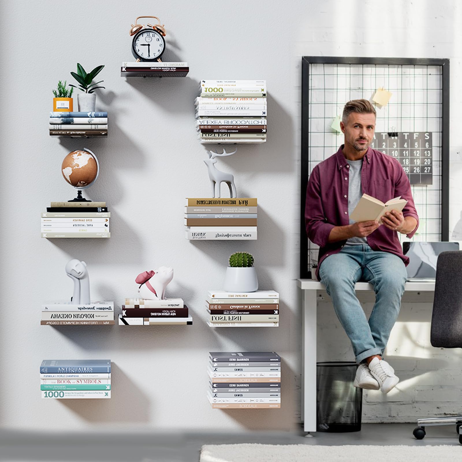 E-Senior Invisible Floating Bookshelves Set of 2, White Wall Mounted Bookshelf, Heavy-Duty Book Organizers, Iron Hanging Shelves for Bedroom, Living Room, Kitchen, Office