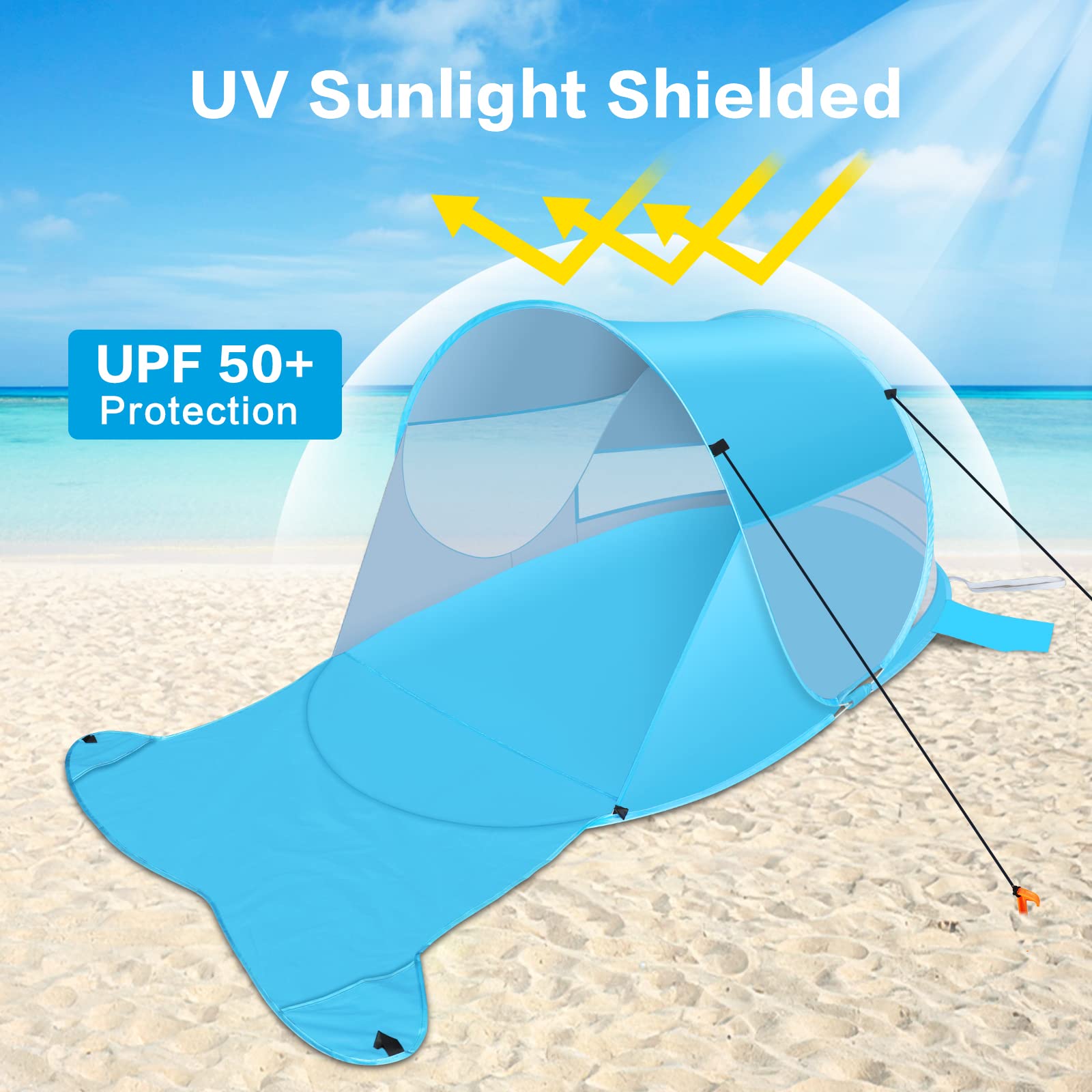 Beach Tent, Large Automatic Instant Pop Up Beach Shade, UPF 50+ Portable Sun Shelter Anti UV Beach Umbrella Baby Tent with Carrying Bag Fit for 2 Person