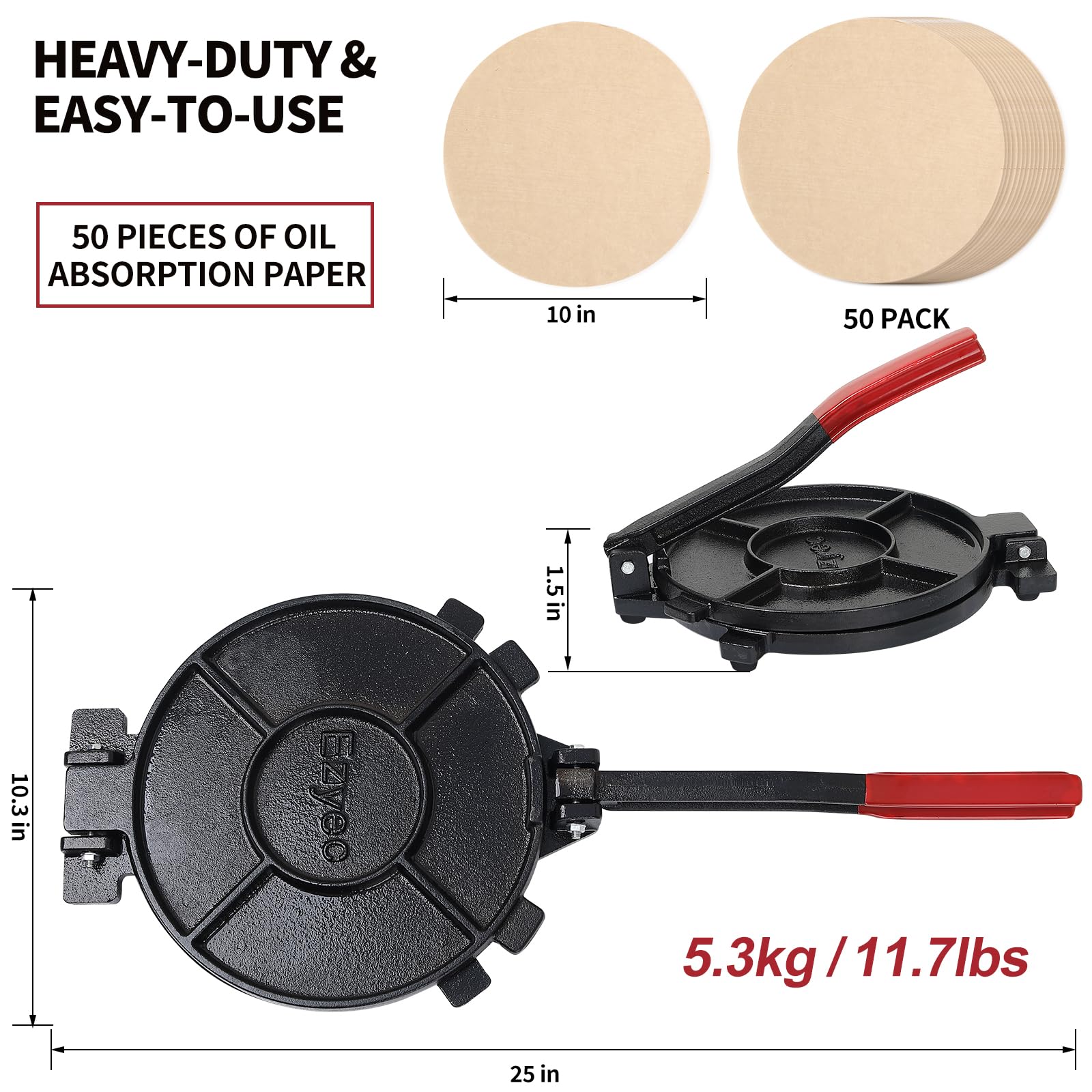 Ezyec Cast Iron Tortilla Press 8-10 Inch, Large Roti Maker with Silicone Grip Handle for Roti, Taco, Flour, Corn, Dough, Chapati, Sturdy Prensa Para Tortillas Maker Press W/ 50 Pcs Parchment Paper