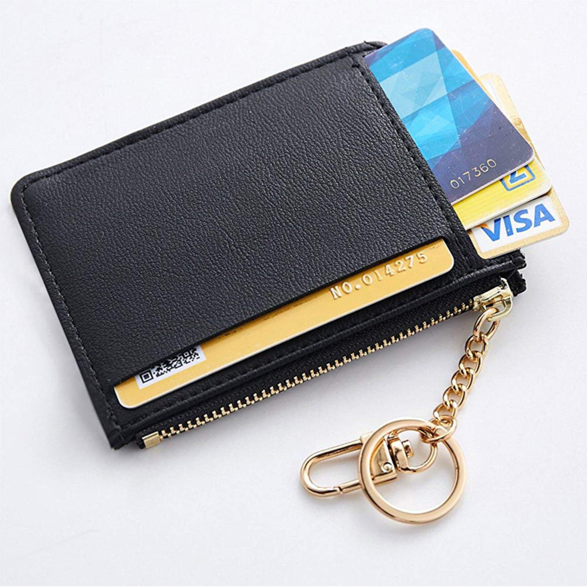 PEONY SUPREME Leather Card Holder Wallet Credit Card Holder Small Compact Wallet Coin Pouch Purse Key Pouch Gift for Women Gift for Men Black