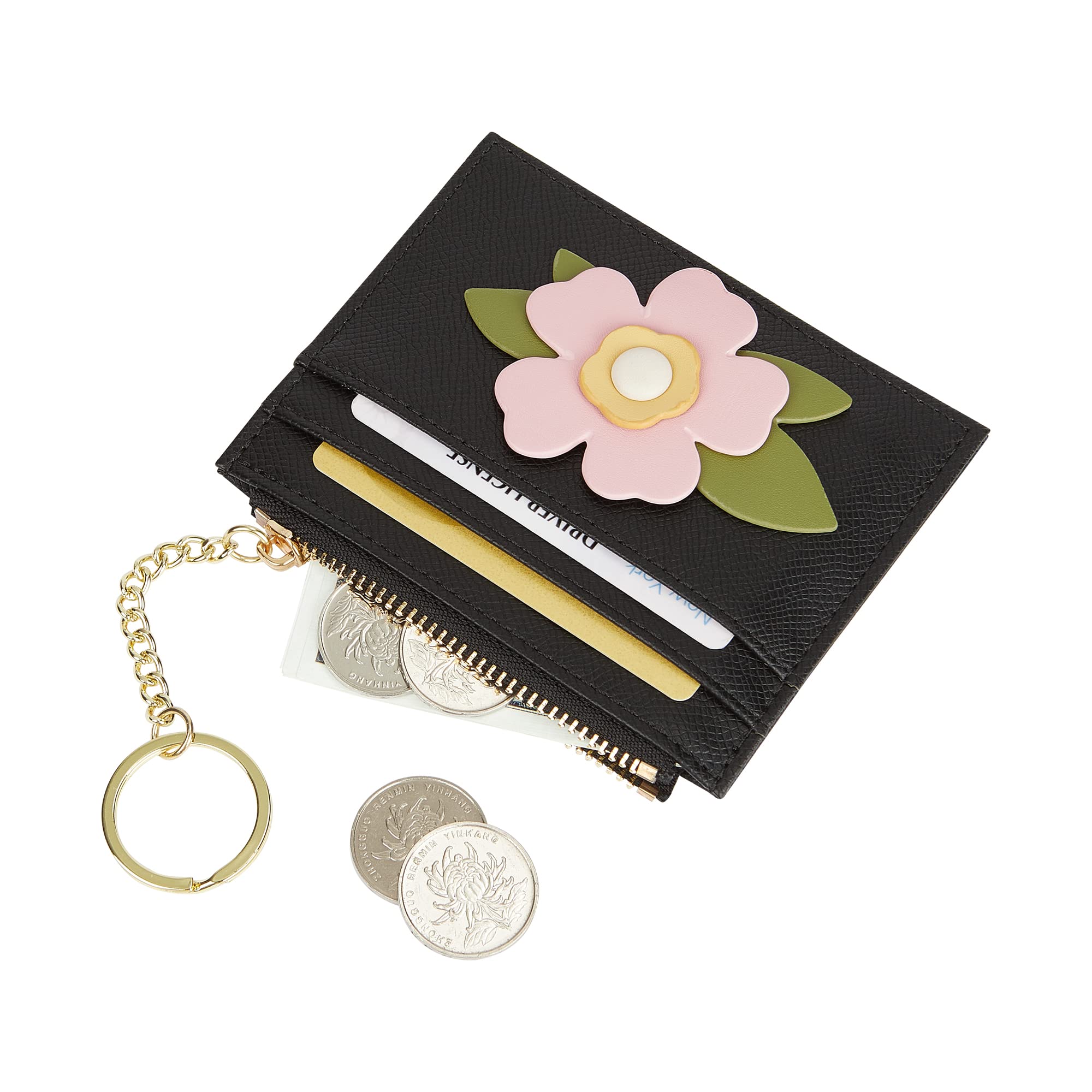 Cynure Women Cute Flower Zipper Card Holder Case Slim Minimalist Leather Front Pocket Wallet, pink