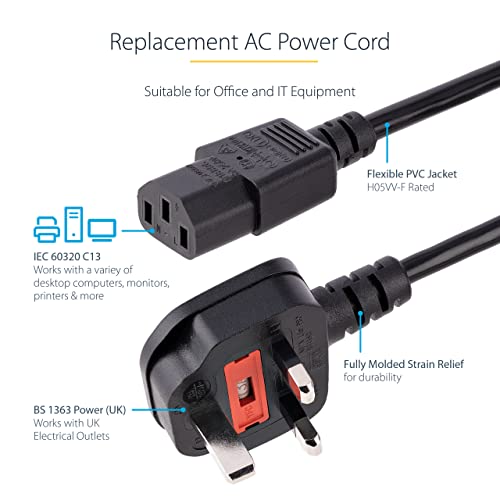 StarTech.com 6ft (1.8m) UK Computer Power Cable, 18AWG, BS 1363 to C13, 10A 250V, Black Replacement AC Power Cord, Kettle Lead / UK Power Cord, PC Power Supply Cable, TV/Monitor Power Cable (PXT101UK)