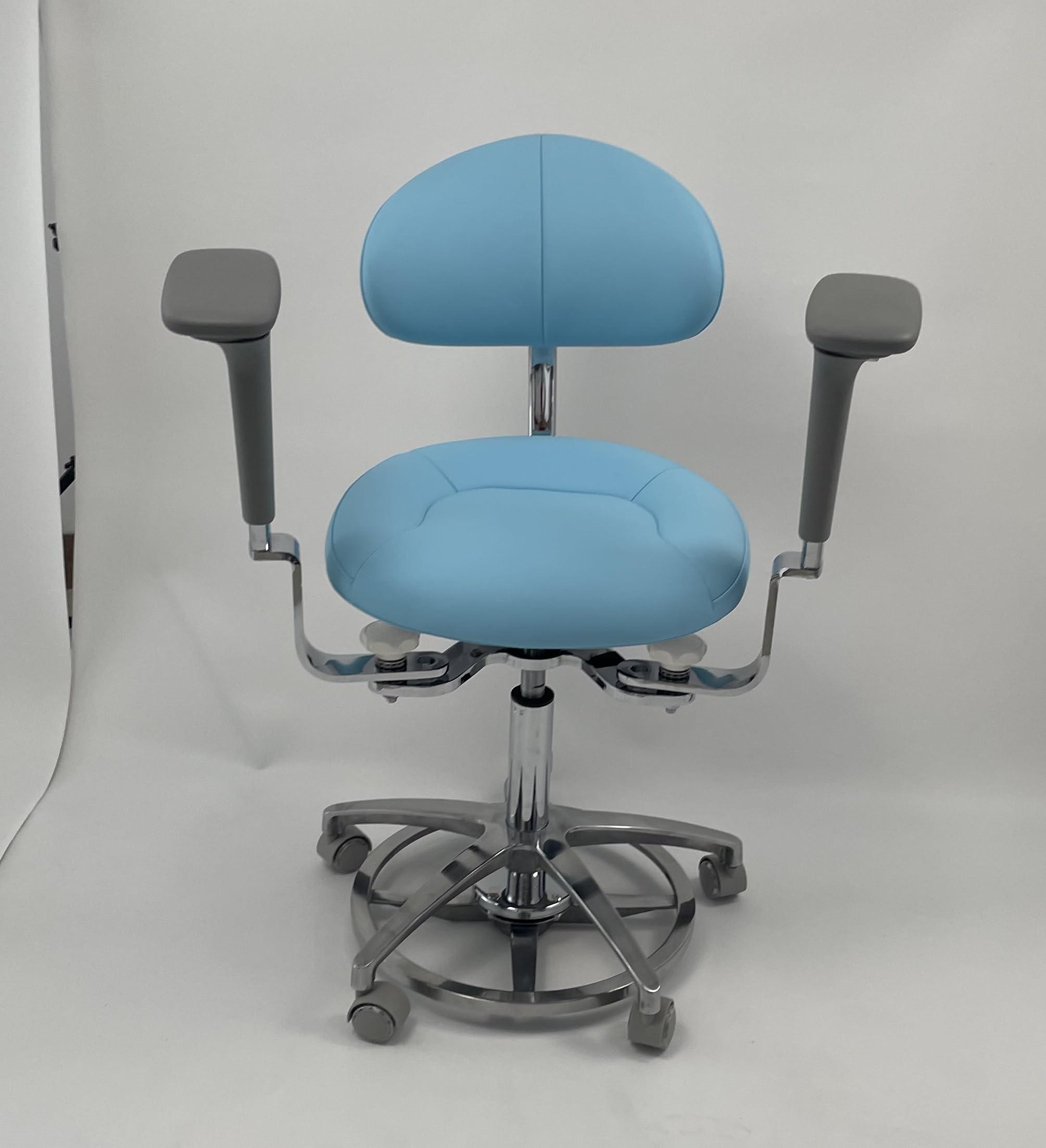 Ergonomic Dental Saddle Assistant Chair Stool with Rotatable 4D Armrest and Back Support for Microscope Operator in Dental Clinics,Luxury Aluminium Foot Operated Base (C10 Grey)