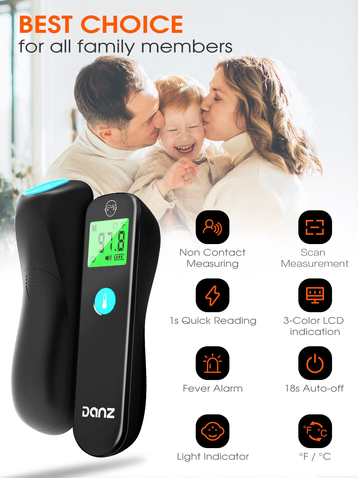 Danz No Touch Thermometer for Adults and Kids, Forehead Digital Baby Thermometer with 3-Color Backlight, Infrared Thermometer 1 Second Fast Reading, Fever Alarm