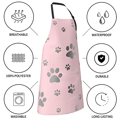 Perinsto Cute Dog Paws Pink Waterproof Apron With 2 Pockets Kitchen Chef Aprons Bibs For Cooking Baking Painting Gardening Grooming