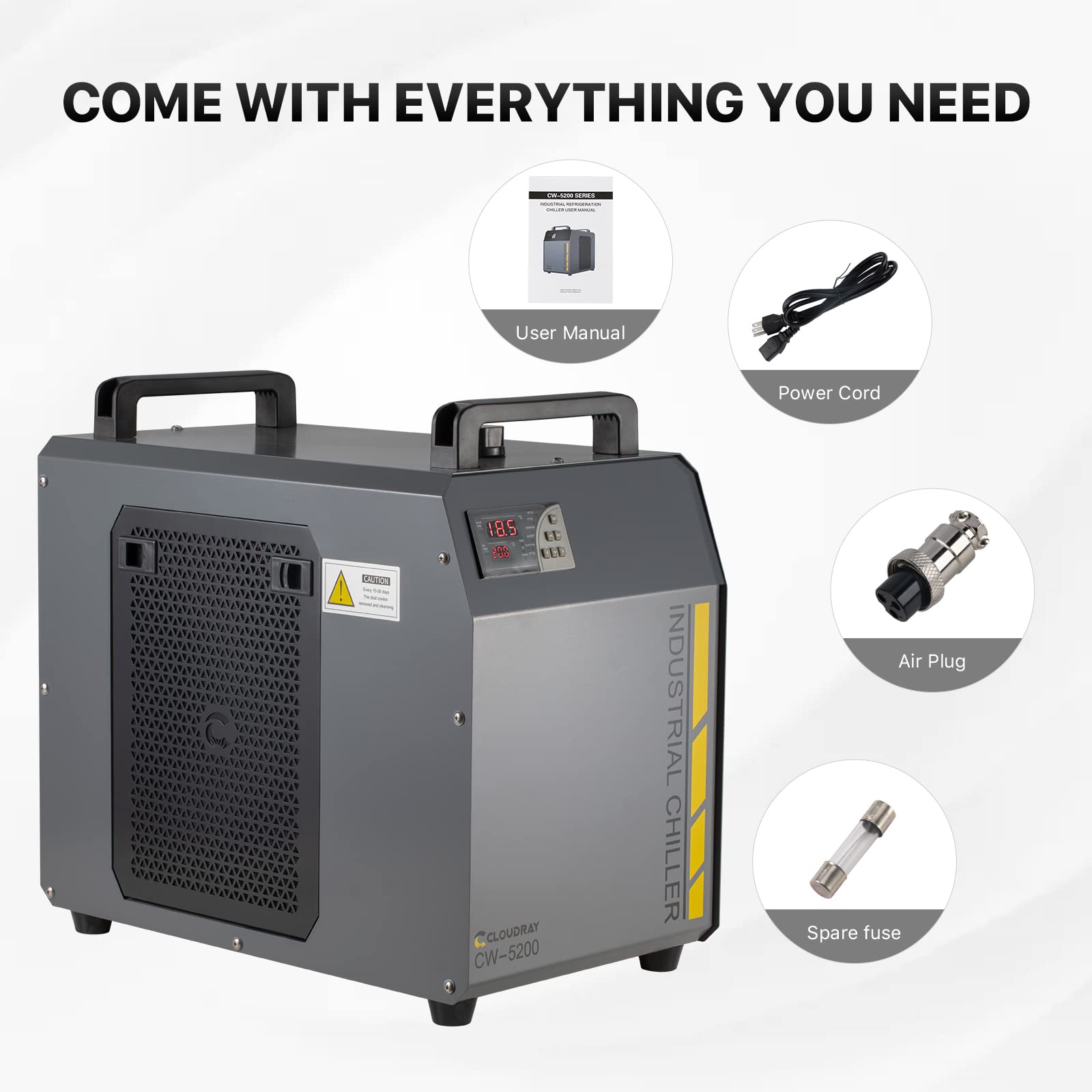 Cloudray 6L Industrial CO2 Laser Water Chiller 0.61HP CW5200 Precise Thermostat Recirculating CO2 Industrial Laser Chiller for 60W 70W 80W 90W 100W 120W 130W 150W CO2 Engraving Machine Cooling Machine