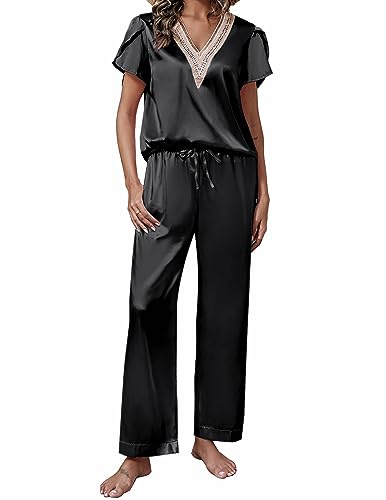 HBZDQB Satin Pajama Set for Women Short Sleeve Sleepwear Silk Soft Nightwear Comfy Loungewear daily Pjs Sets Fall Pyjama Black XL