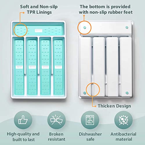 Joequality Silverware Organizer with Icons,Plastic Cutlery silverware Tray for Drawer,Utensil Flatware Tableware Organizer for Kitchen with Non-slip TPR,Fits Standard Drawer,5-Compartment,Mint