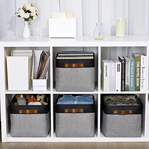 DULLEMELO Canvas Storage Bin with Handles, Fabric Bins for Shelves, Bedroom, Office,Nursery,Fabric Storage Baskets for Toys, Clothes,Gift(Black&Grey,15"x11"x9.5",4-Pack)