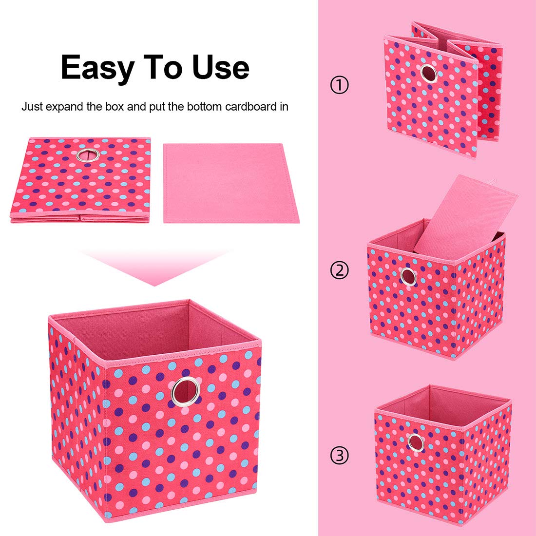 i BKGOO Foldable Storage Cube Drawer Bins Set of 4 Collapsible Fabric Storage Boxes with Round Metal Grommets for Organizing Shelf Nursery Home Closet Dots Pink 10x10x10 inch
