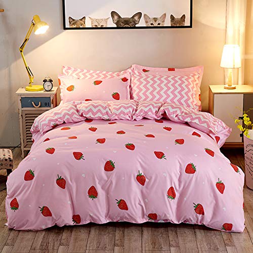 HALOZI Duvet Cover Set Full Size Strawberry Pink Stripes Reversible Luxury Soft Bedding Set Comforter Cover with Zipper Closure and Corner Ties (1 Duvet Cover+2 Pillowcases)(Full(80X90) inch)
