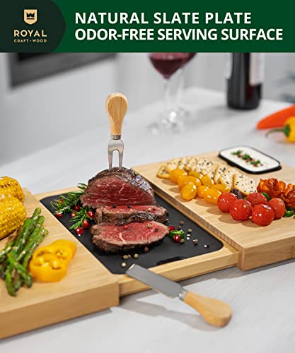 Extra Large Bamboo Charcuterie Boards - Large Charcuterie Board Set w/ 3 Sauce Bowls, 4 Knives & Slate Plate - Unique Cheese Board & Serving Tray with Charcuterie Accessories - Ideal Housewarming Gift