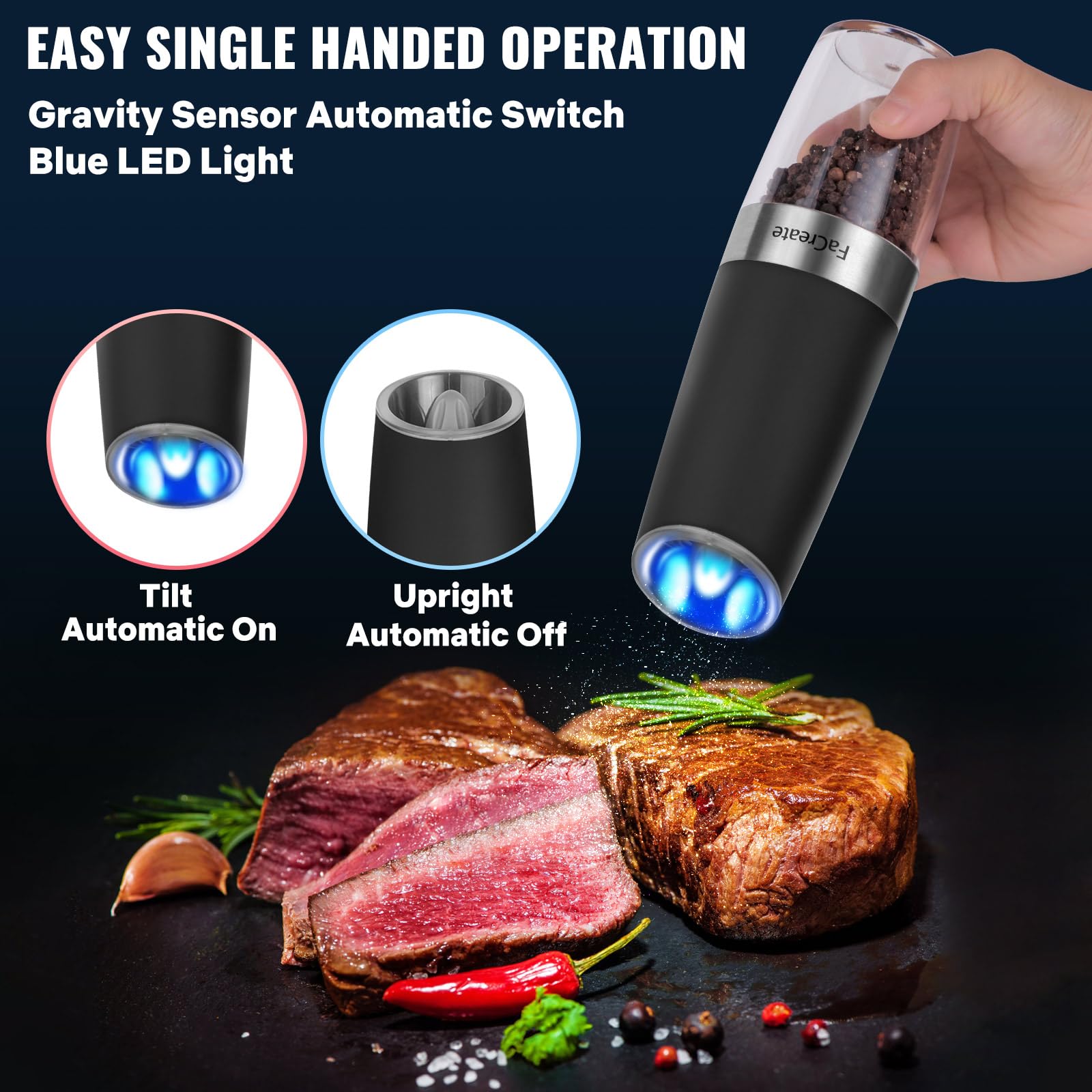 FaCreate Gravity Electric Salt and Pepper Grinder Set,Automatic Operation Electric Salt and Pepper Shakers Set,Battery Powered Adjustable Coarseness Pepper Mill Grinder LED Light, Black (2PACK)