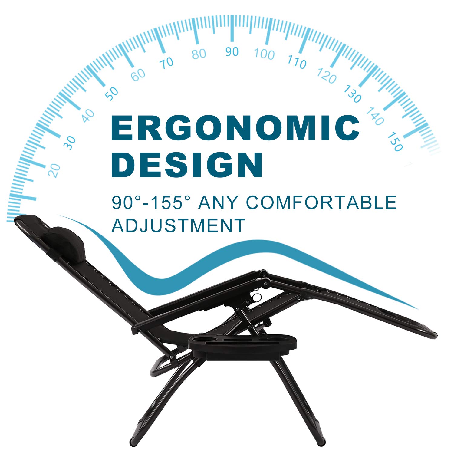 HCY Zero Gravity Chairs Outdoor Adjustable Recliner Chair Folding Lounge Patio Chairs with Cup Holder Pillows Set of 2 for Beach, Yard, Lawn, Camp(Black)