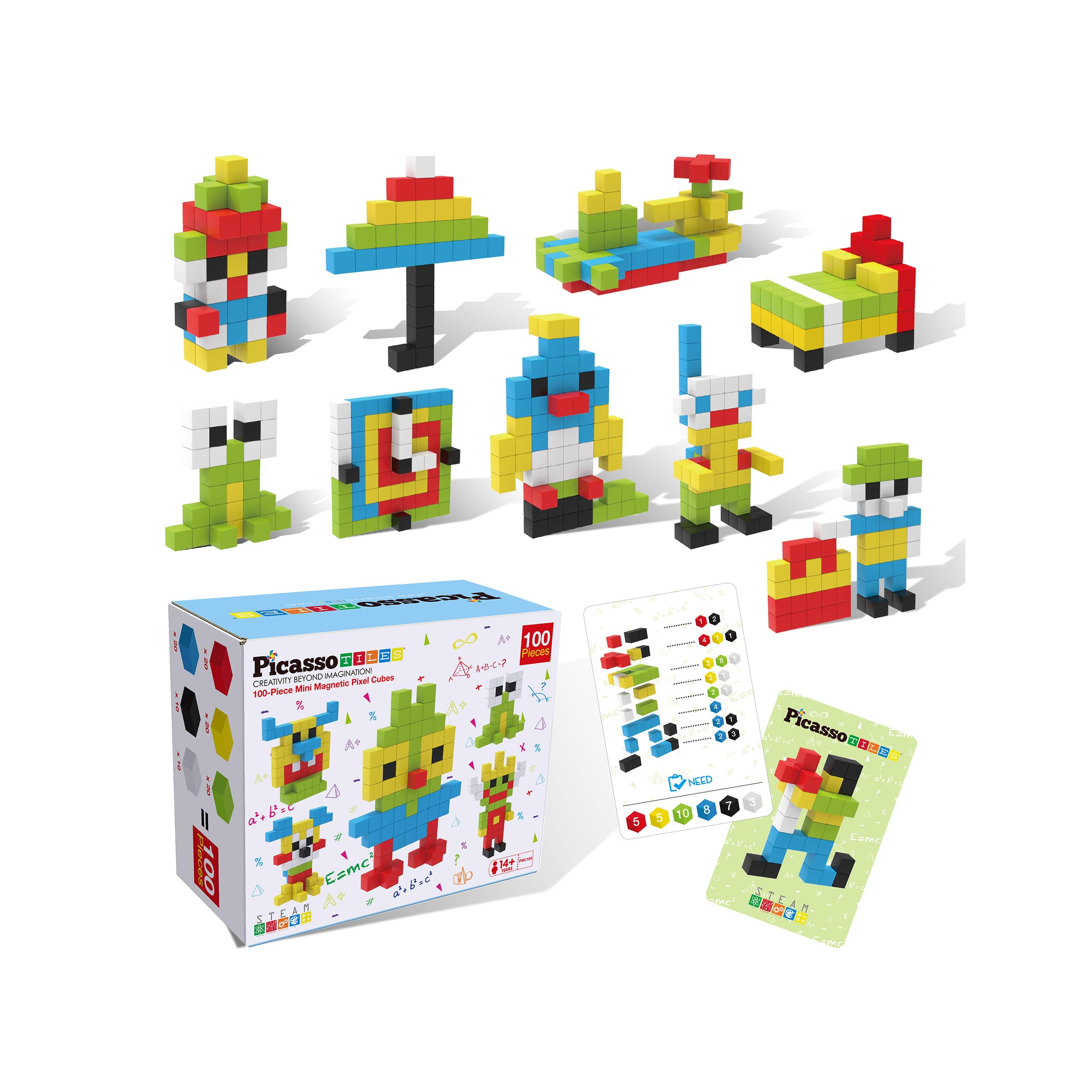 PicassoTiles 0.5” Pixel Magnetic Puzzle Cube 100 Piece Mix & Match Cubes Sensory Toys STEAM Education Learning Building Block Magnets Children Construction Toy Set Stacking Magnet Creative Kit PMC100