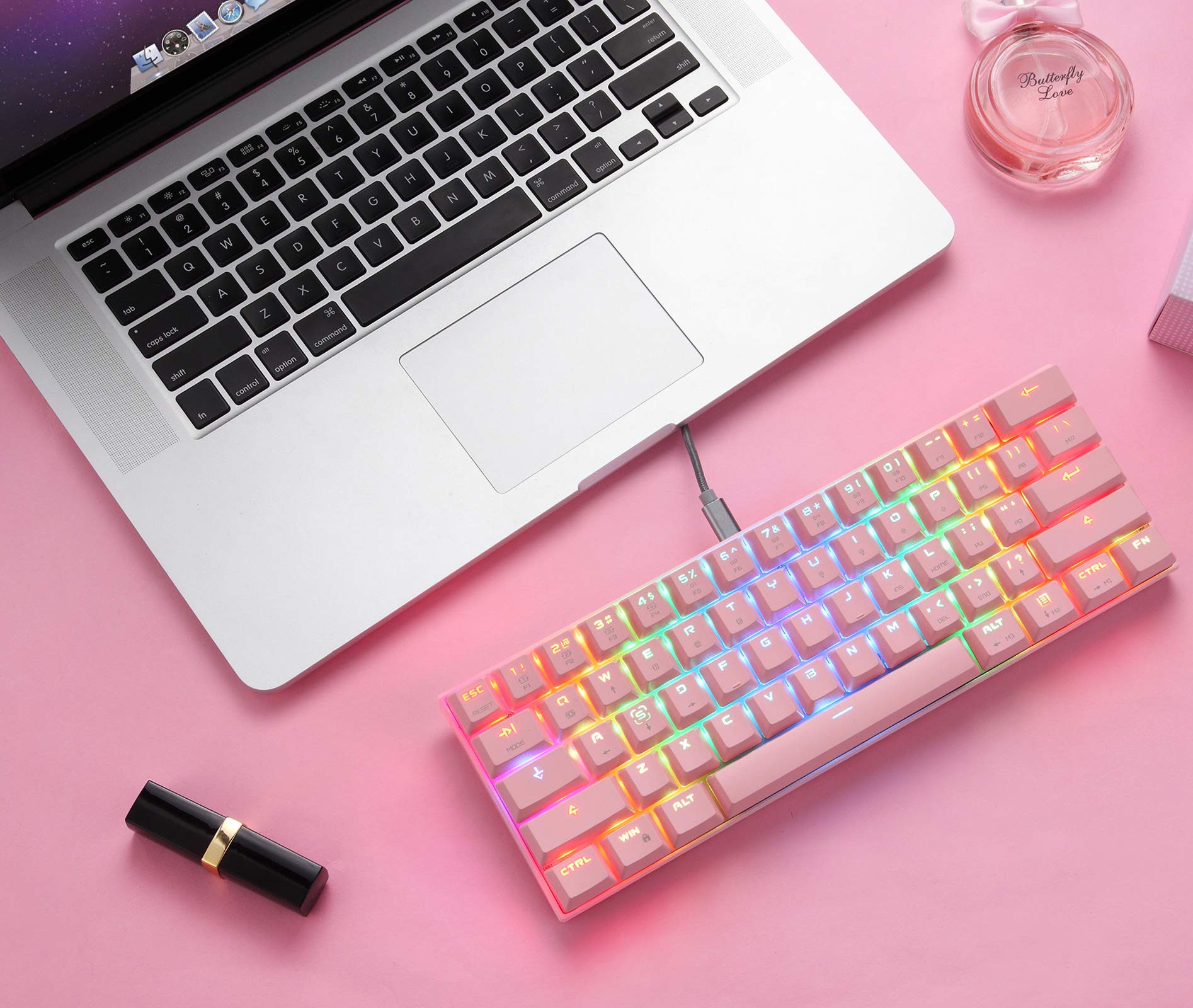 MOTOSPEED Bluetooth/Wired 60% Pink Mechanical Keyboard Compact 61 Keys RGB LED Backlit Type-C Gaming/Office Keyboard for PC/Mac/Laptop Gamer (Red Switch)