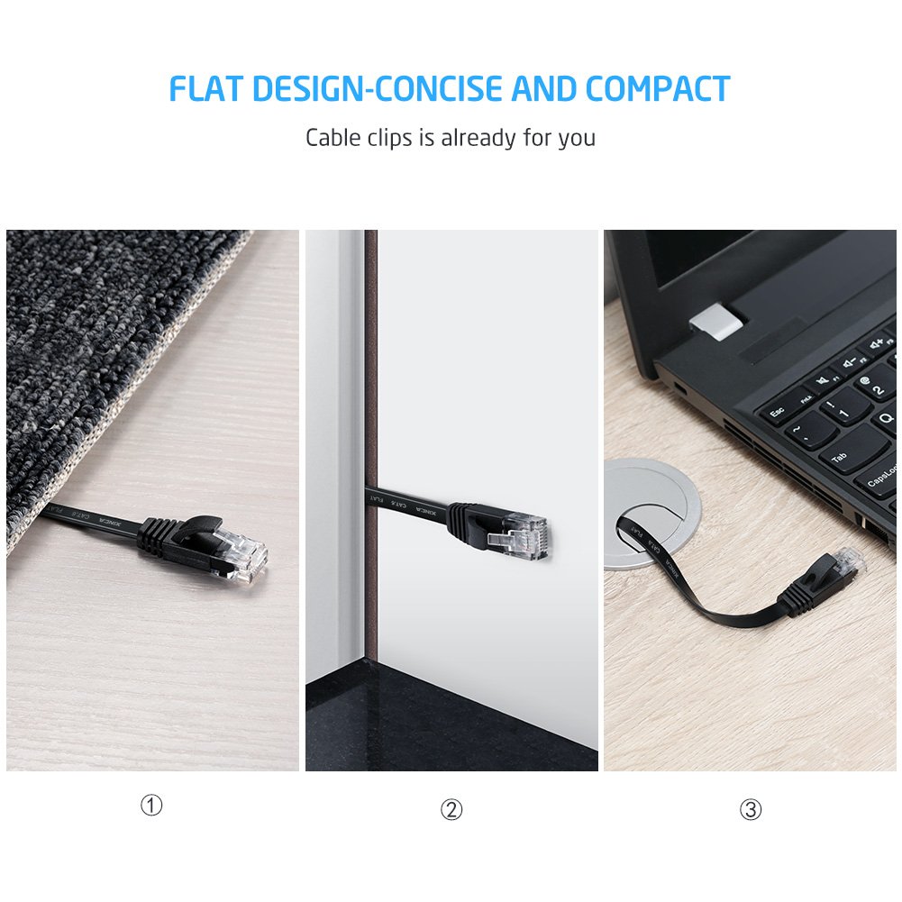 XINCA Cat6 Ethernet Cable 15 ft Black Gigabit Flat Network LAN Cable with 5 pcs Cable Clips Snagless Rj45 Connectors for Computer/Modem/Router/X-Box Faster Than Cat5e/Cat5