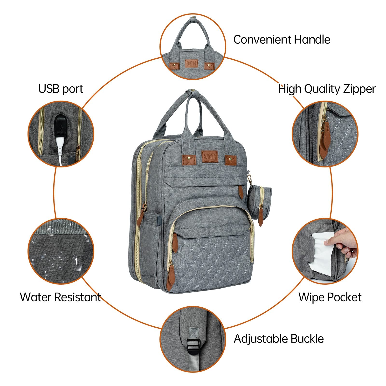 DAILY&DIARY Diaper Bag Backpack, Baby Bag Multifunction Waterproof Nappy Bag with Stroller Straps, USB Charging Port Unisex for Newborn Boys Girls, Grey